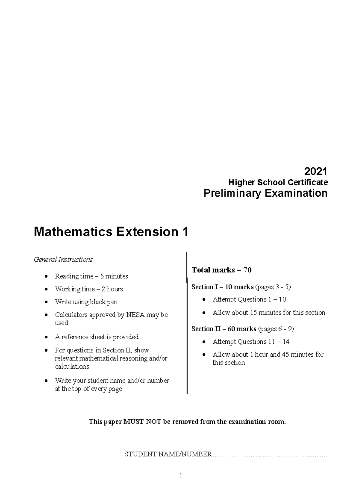 2021 HSC Preliminary Exam: Mathematics Extension 1 Instructions - Studocu