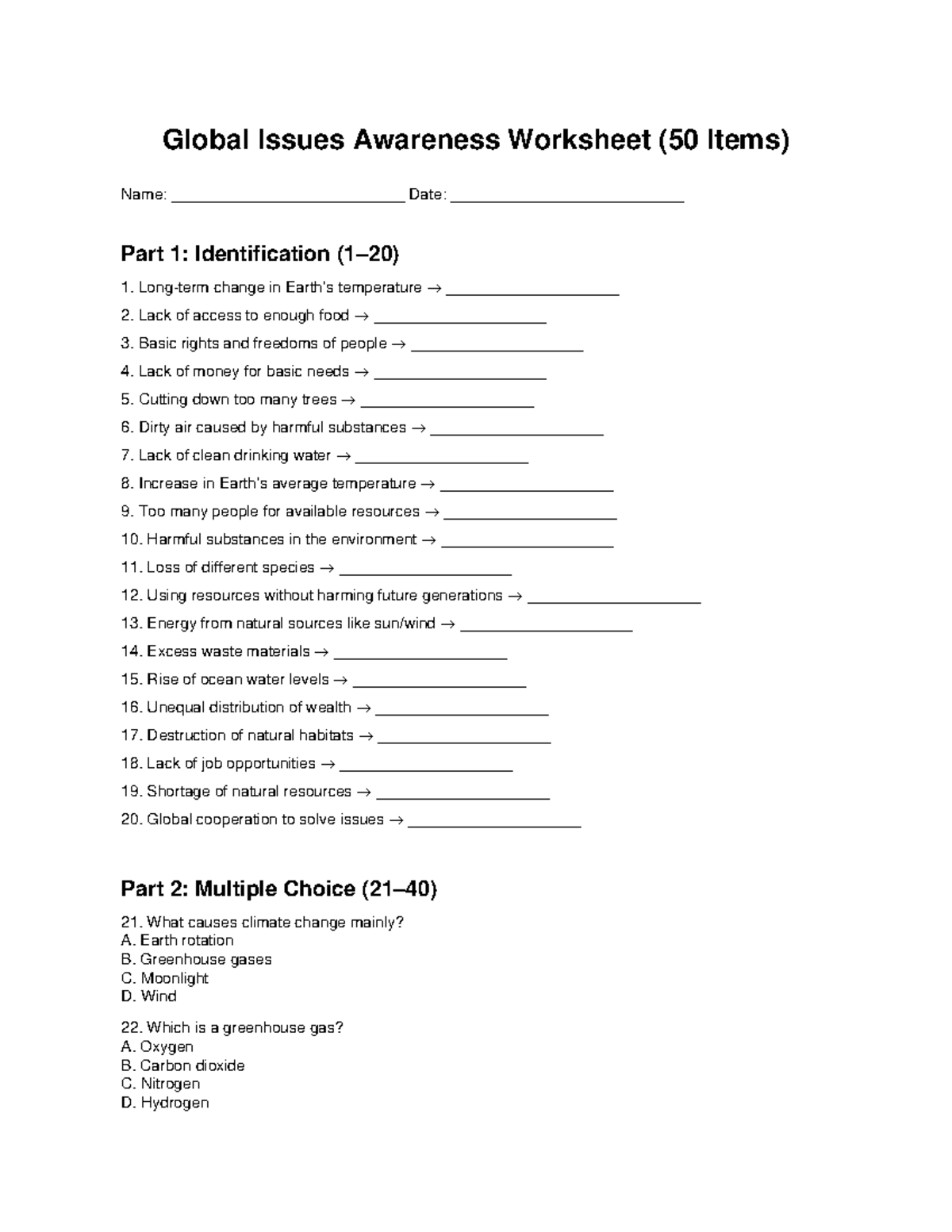 Global Issues Awareness Worksheet (50 Items) - Studocu