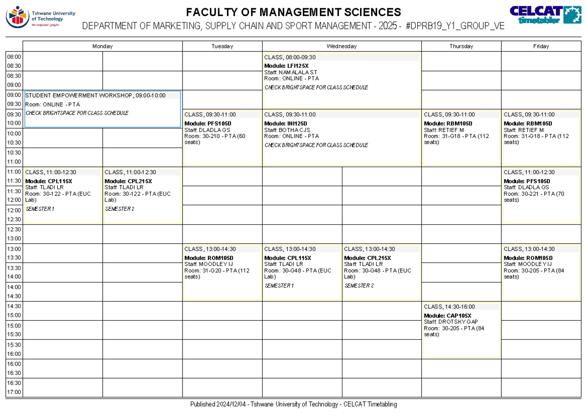 DPRB19 Y1 Group VE 2025 - Detailed Class Schedule Overview - Studocu