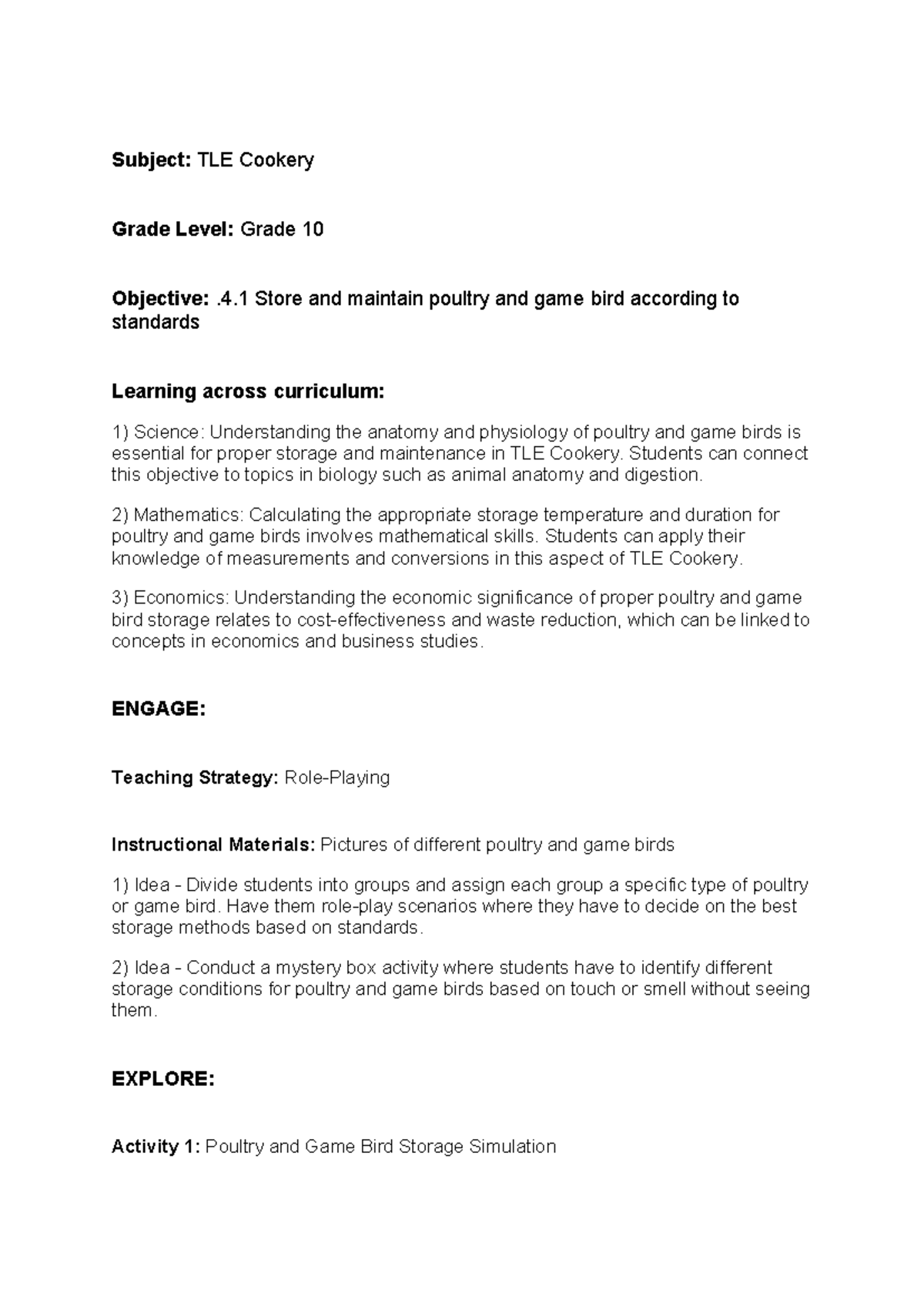 TLE Cookery Grade 10 Lesson Plan: Poultry & Game Bird Storage Standards - Studocu