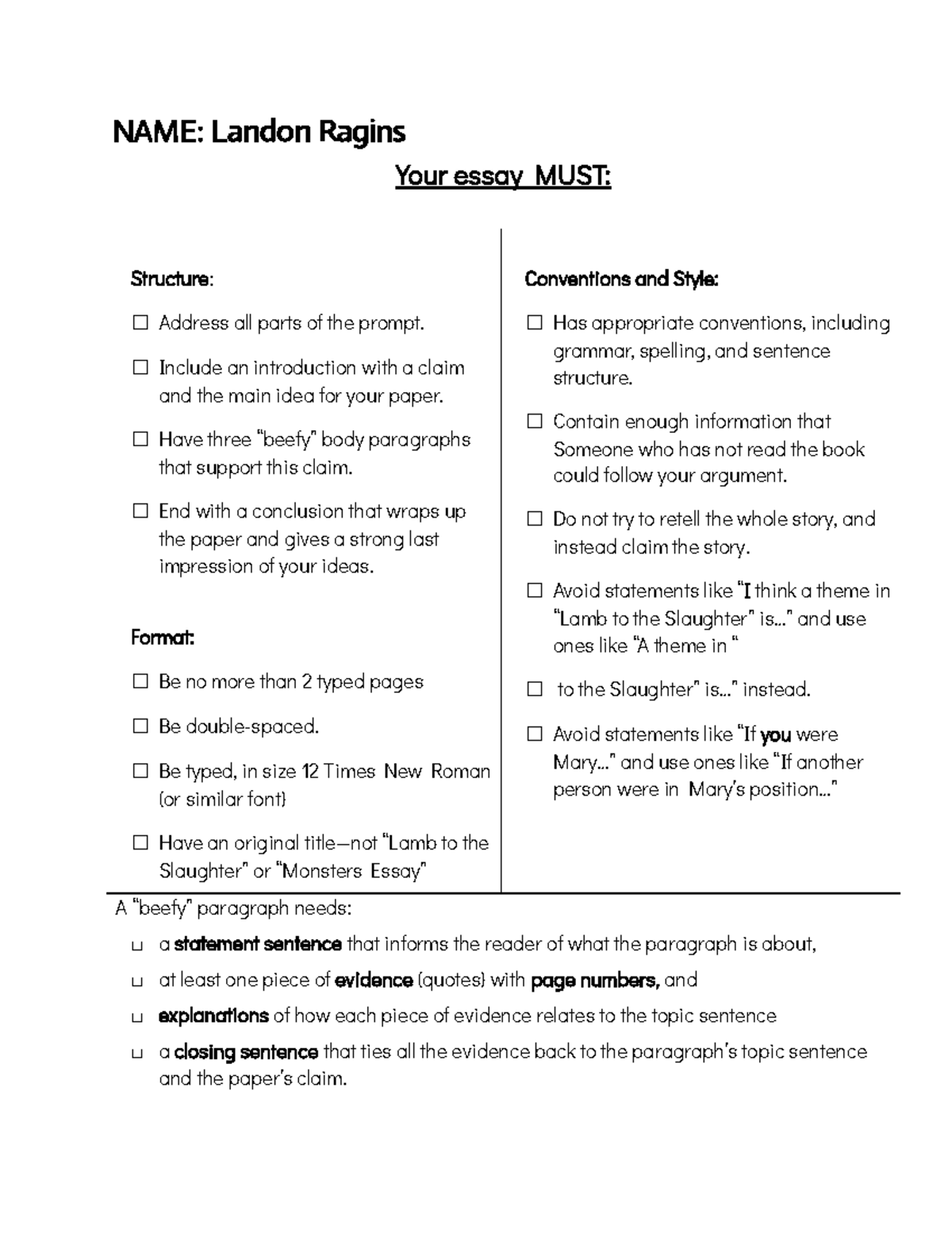 Landon Ragins - Literary Analysis Essay on Themes in "Lamb to the ...