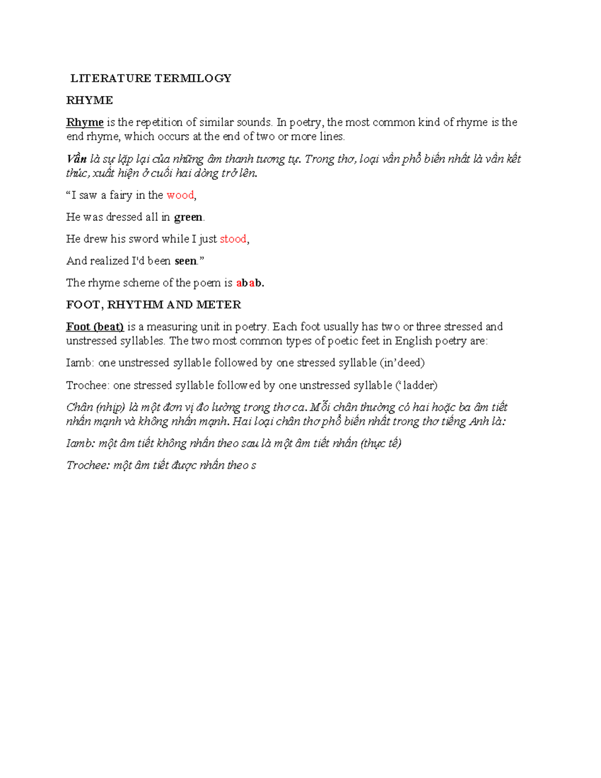 LITERATURE TERMINOLOGY: RHYME, FOOT, RHYTHM & METER (ENG 101) - Studocu
