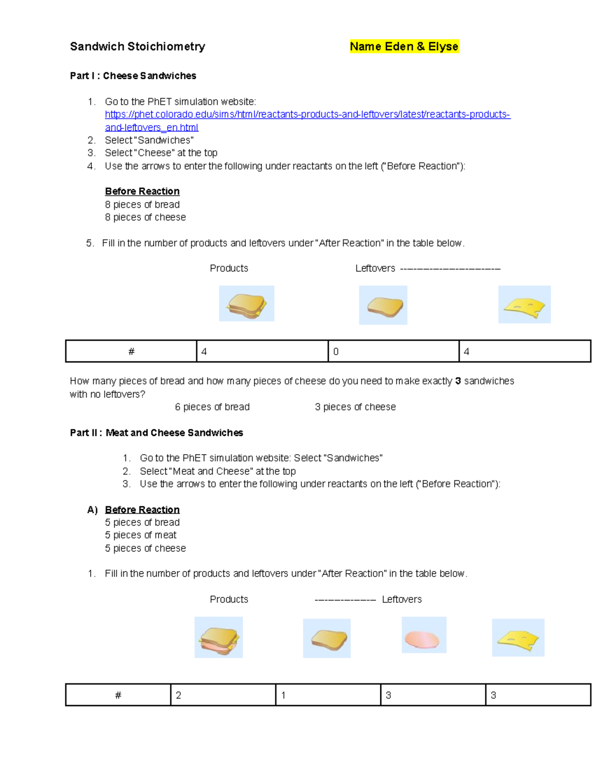 Eden & Elyse Sandwich Stoichiometry: PhET Simulation Guide - Studocu