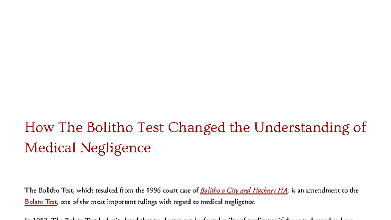 The Bolitho Test: Transforming Medical Negligence Understanding - Studocu