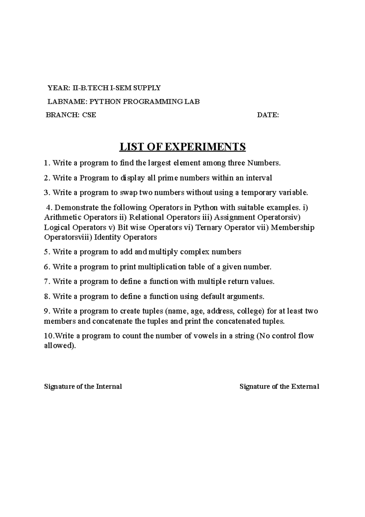 CSE PYTHON PROGRAMMING LAB: LIST OF PRACTICE EXPERIMENTS - Studocu