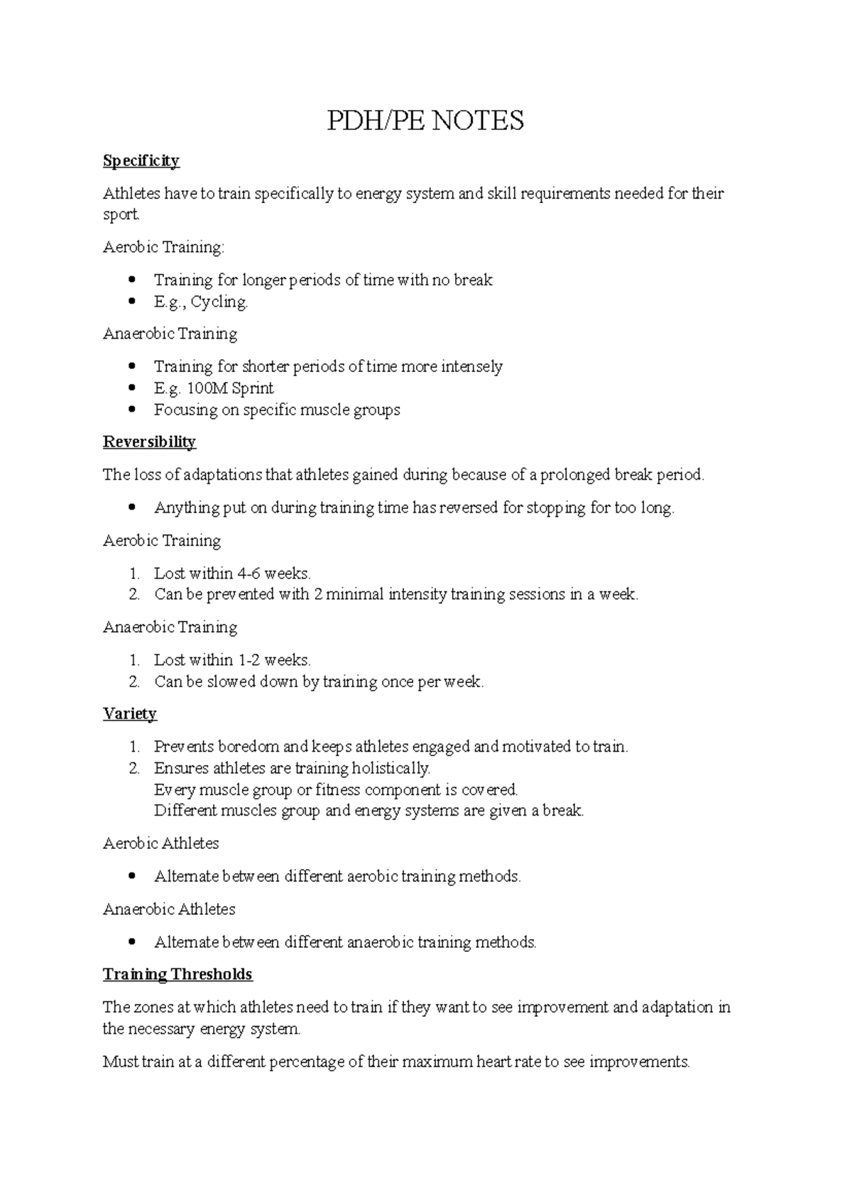Pdhpe Notes - PDH/PE NOTES Specificity Athletes have to train ...