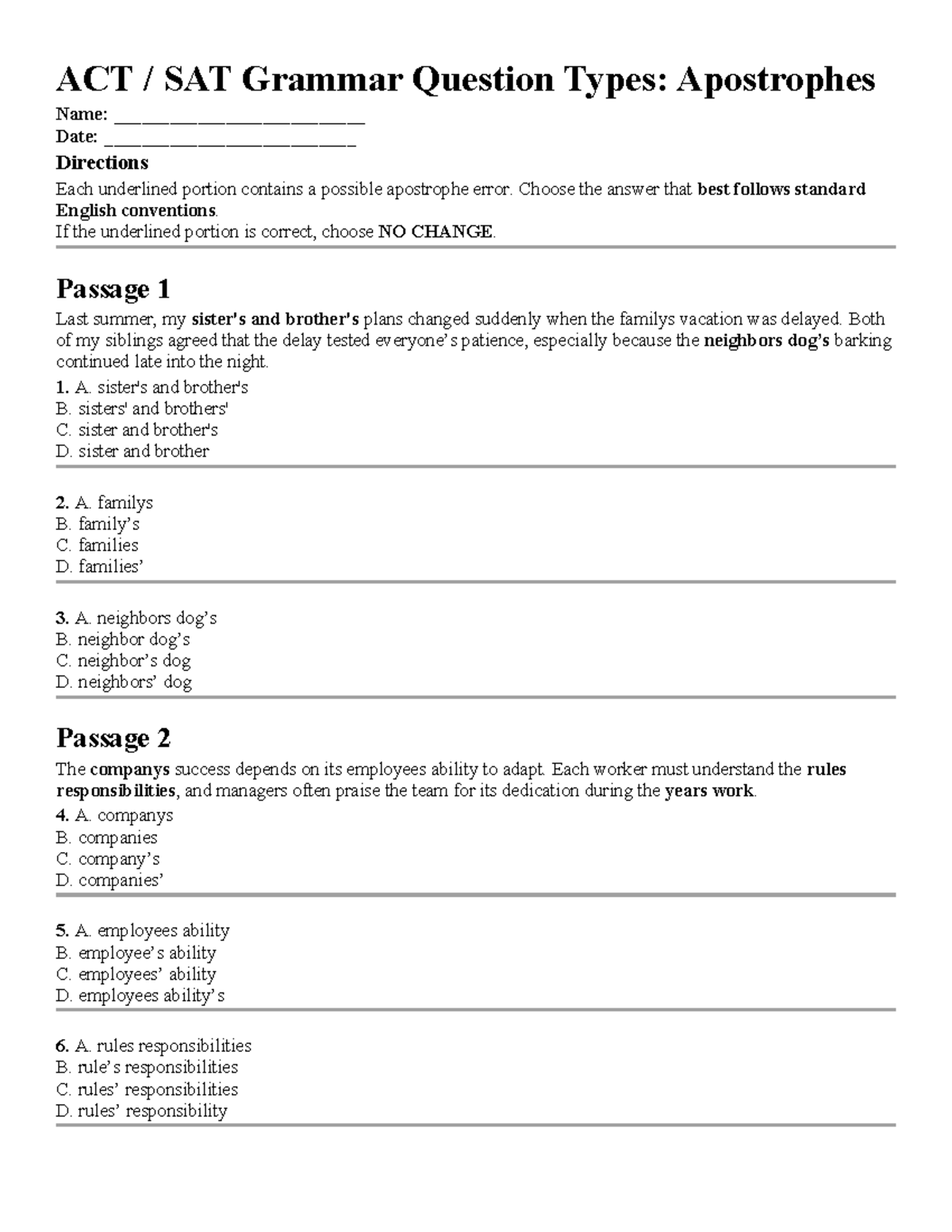 ACT SAT Grammar Question Types: Apostrophes Review - Studocu