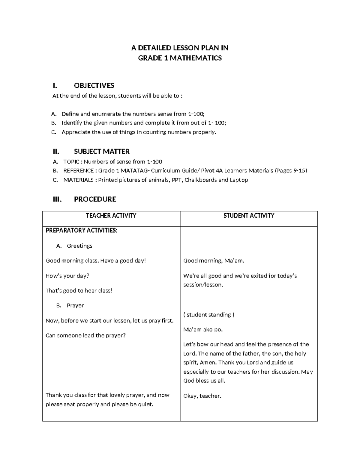 Dlpmath 1 - Detailed Lesson Plan for Grade 1 Number Sense - Studocu
