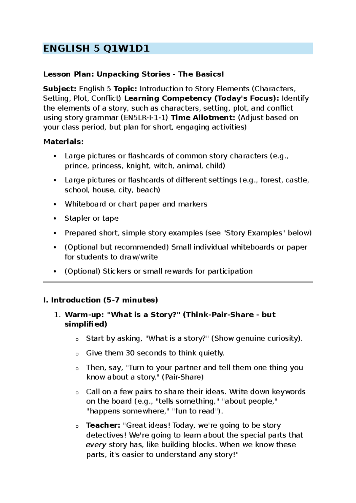 ENGLISH 5 Q1 Lesson Plan: Exploring Story Elements Basics - Studocu