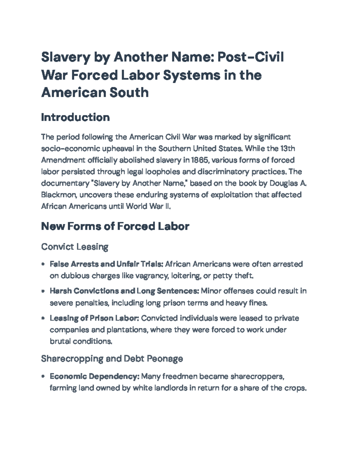 Slavery by Another Name: Analyzing Post-Civil War Forced Labor Systems ...