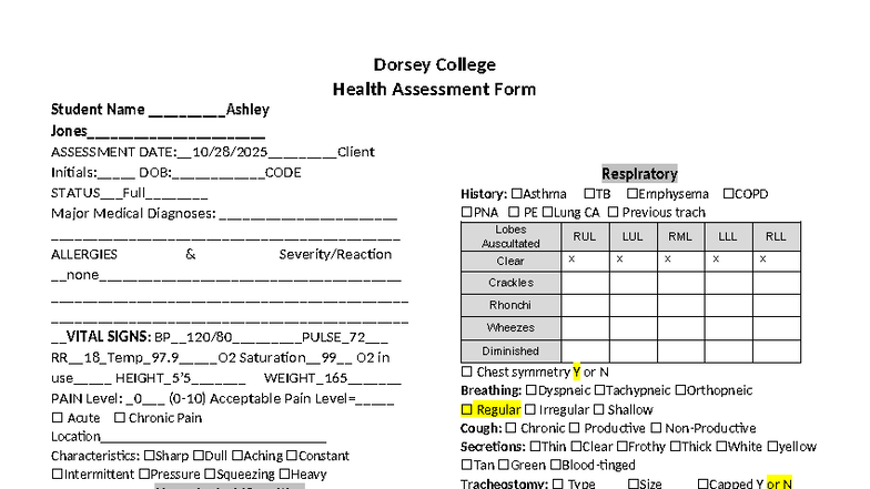 Health Assessment Flow Sheet Form - Dorsey College Health Assessment ...