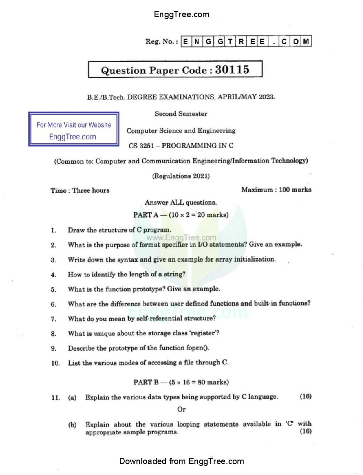 CS3251 Programming in C Apr May 2023 Question Paper Download - Computer ...