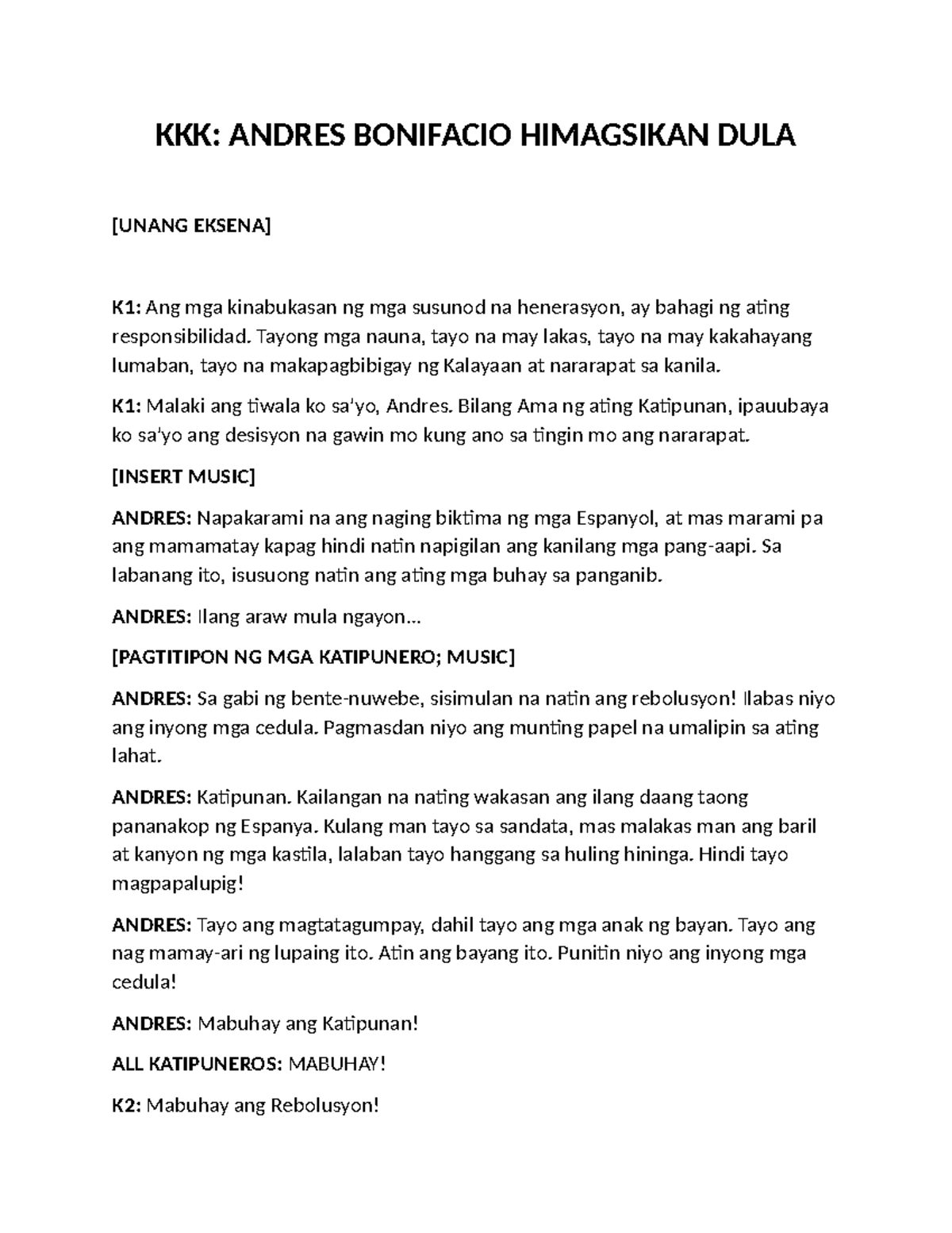 Himagsikan: Dula ni Andres Bonifacio at ang Katipunan - Studocu