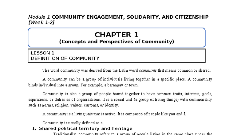 Module 1: Community Engagement, Solidarity, and Citizenship - Chapter 1 ...