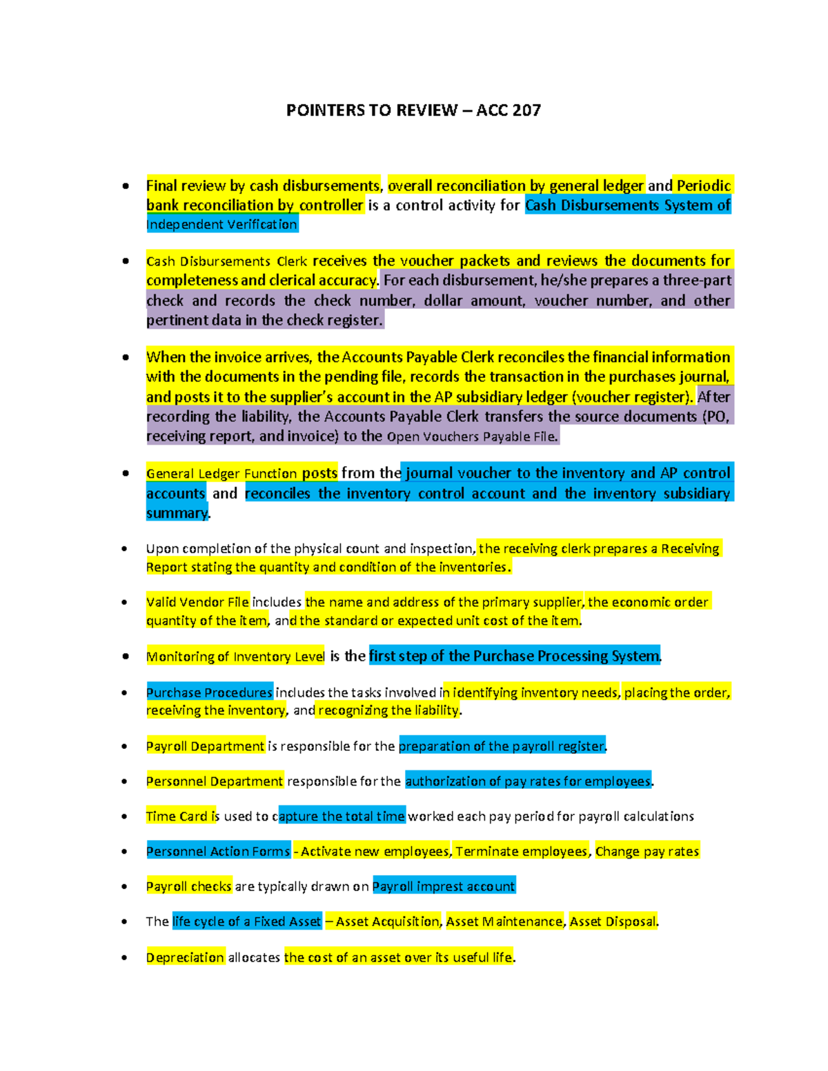 Pointers for Review: Final Exam Study Guide for ACC 207 - Studocu