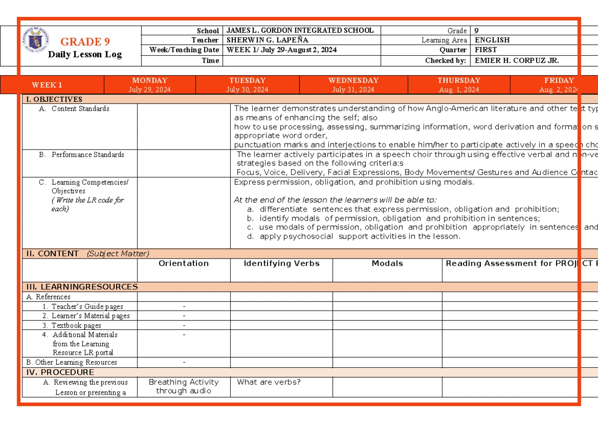 Grade 9 English Daily Lesson Log - Week 3 (September 5-9, 2022) - Studocu