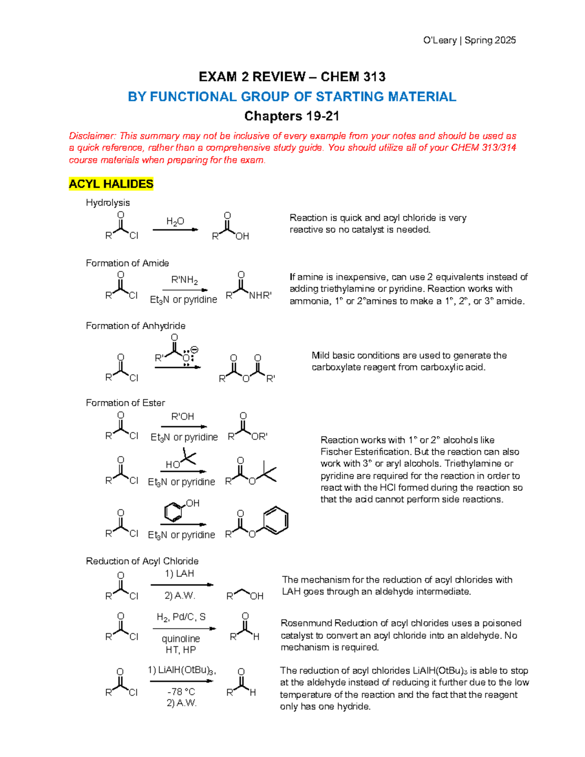 Exam 2 Review Summary by Functional Group - CHEM 313 Spring 2025 - EXAM ...