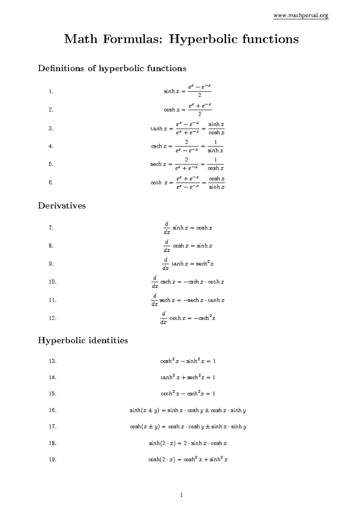 Hyperbolic Functions Formula Sheet - Math Portal - Studocu