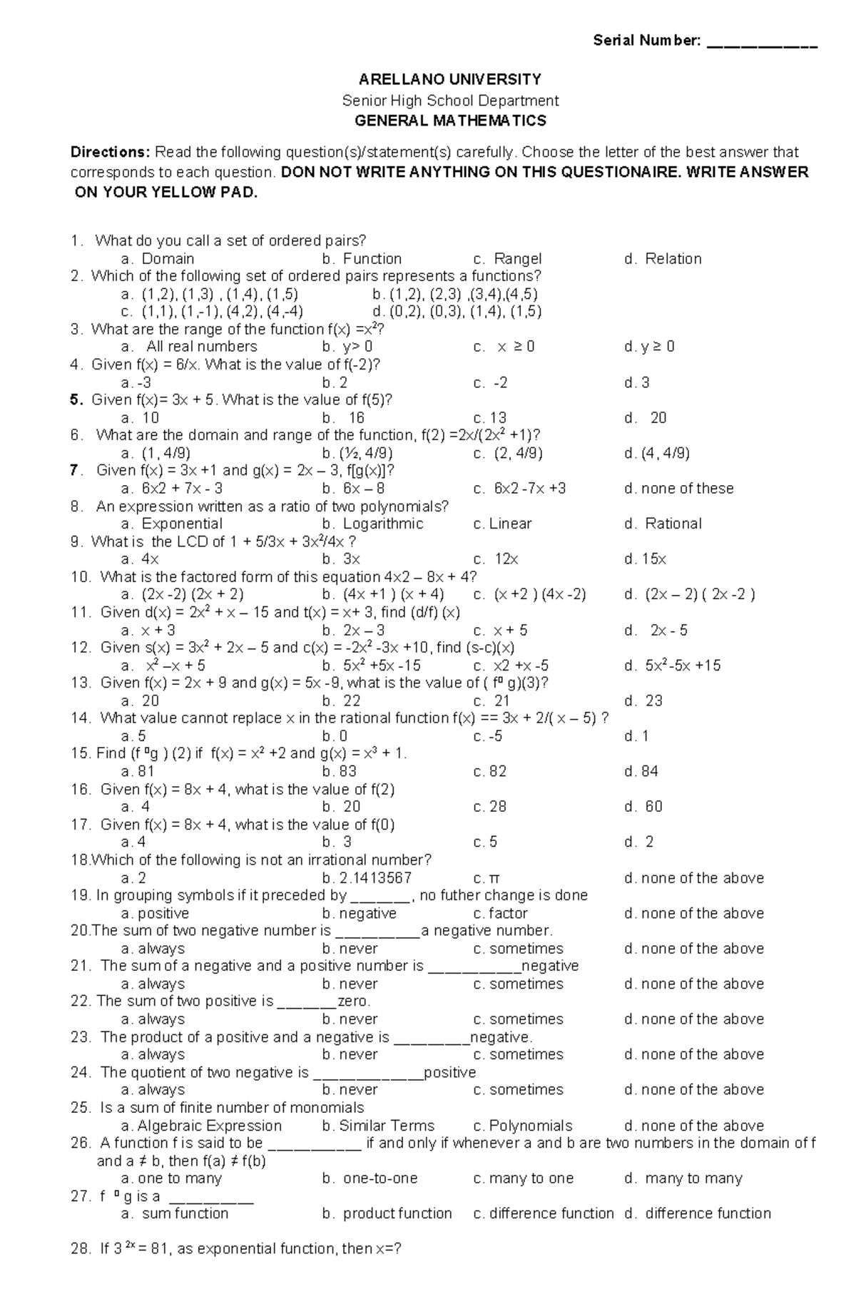 General Mathematics Quiz: Key Concepts and Functions - Studocu