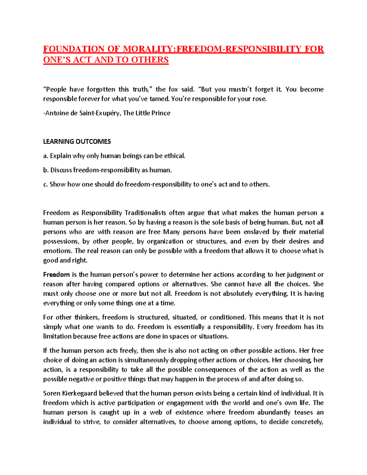 Foundation of Morality - FOUNDATION OF MORALITY:FREEDOM-RESPONSIBILITY ...