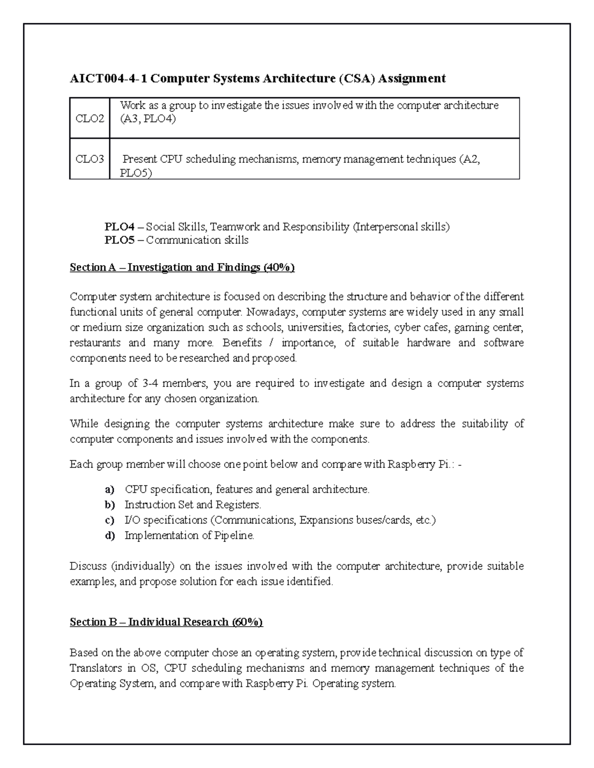 Computer Systems Architecture Mar 2021 - AICT004-4-1 Computer Systems Architecture (CSA ...