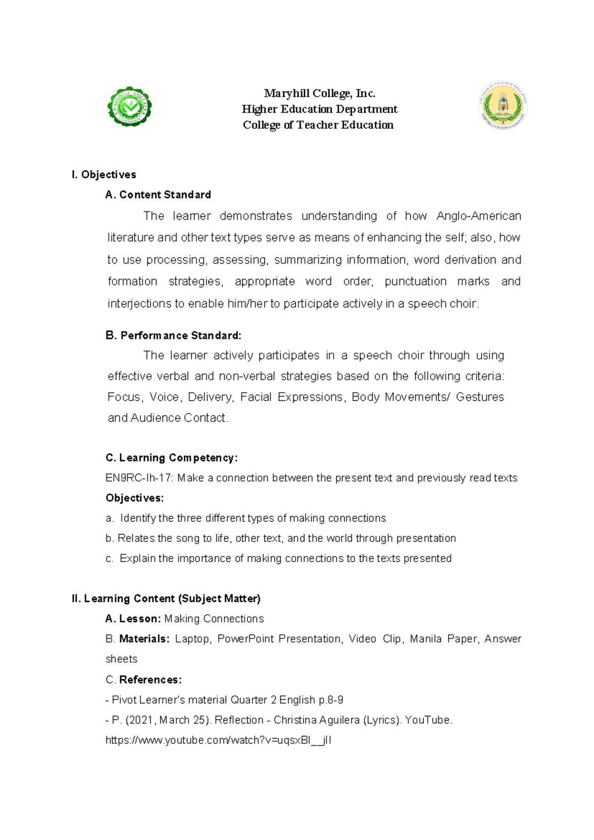 Making Connections - Lesson Plan for EN9RC-Ih-17 - Studocu