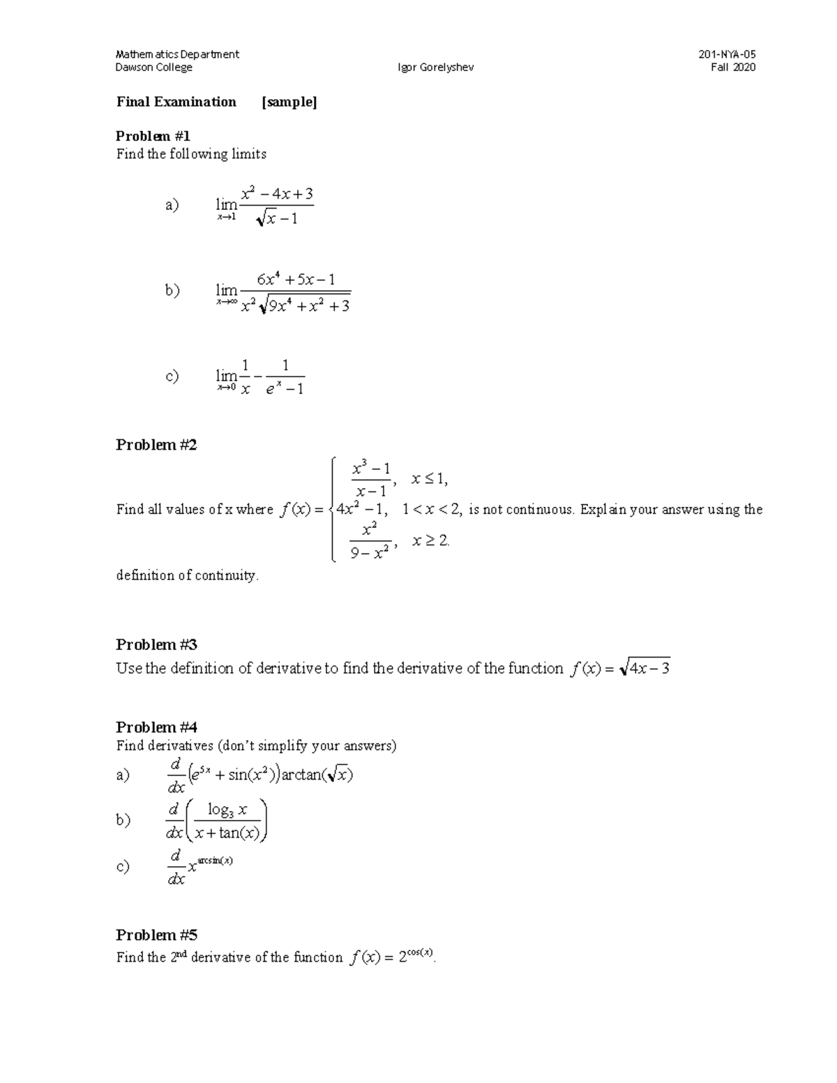 Mathematics 201-NYA Final Exam Sample Questions and Solutions - Studocu
