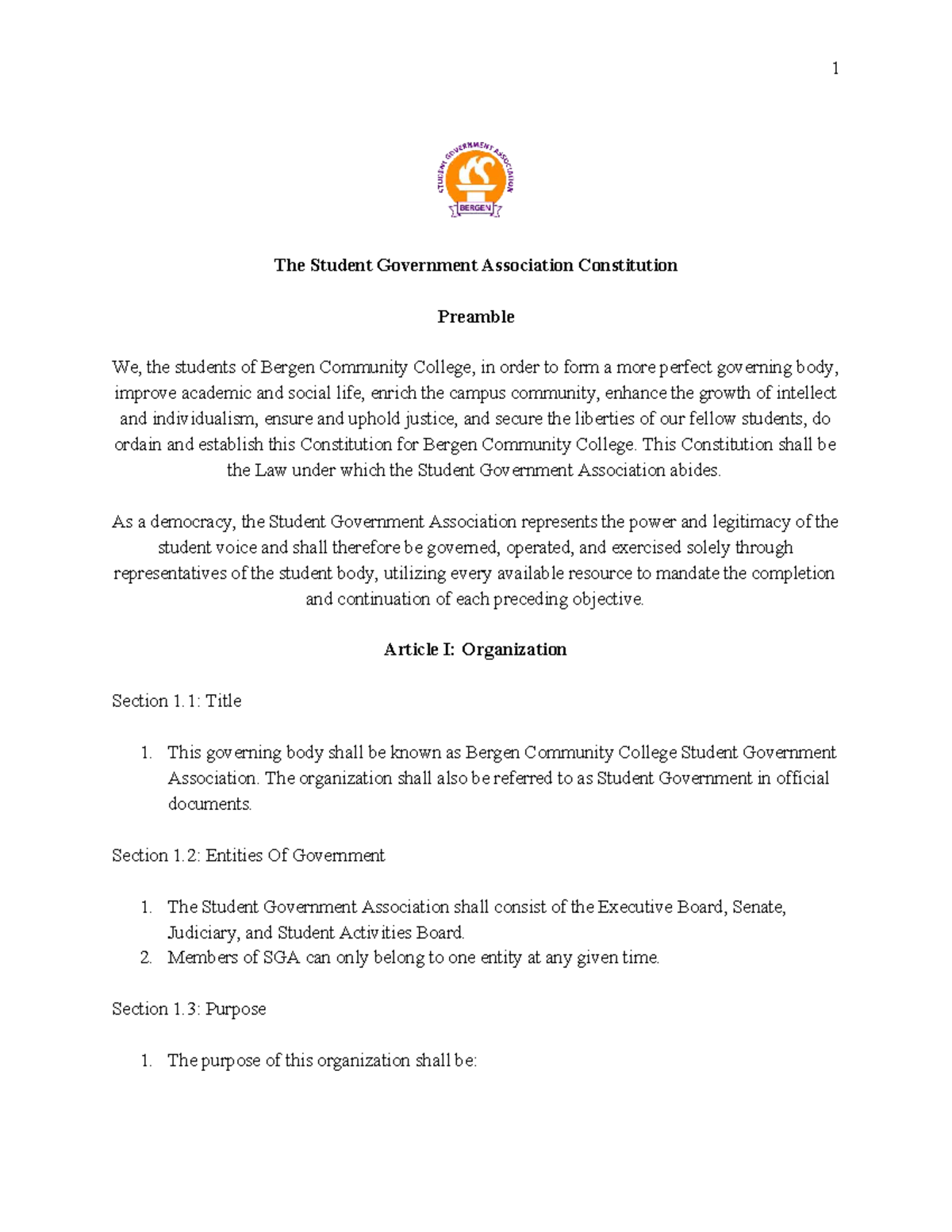 BCC SGA Constitution: Governing Body Framework and Principles - Studocu