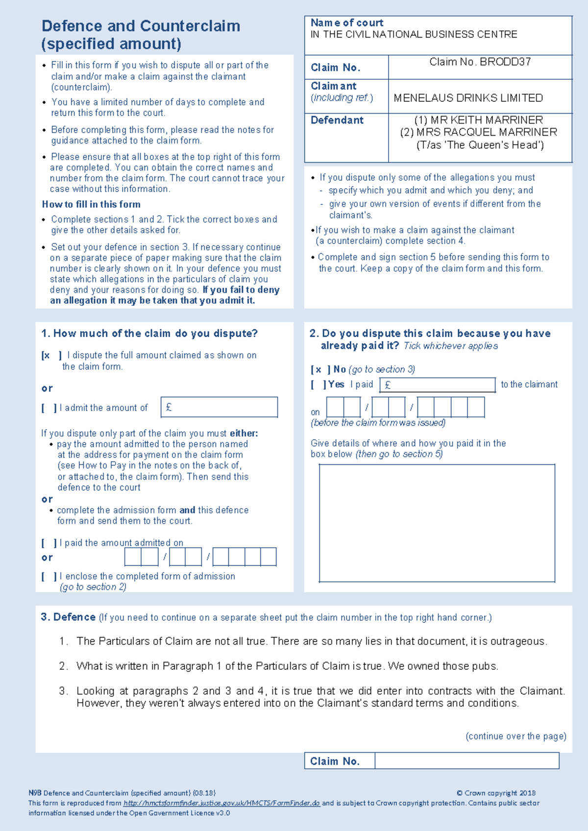 Defence and Counterclaim Form - Claim No. BRODD37 (Menelaus Drinks Ltd ...