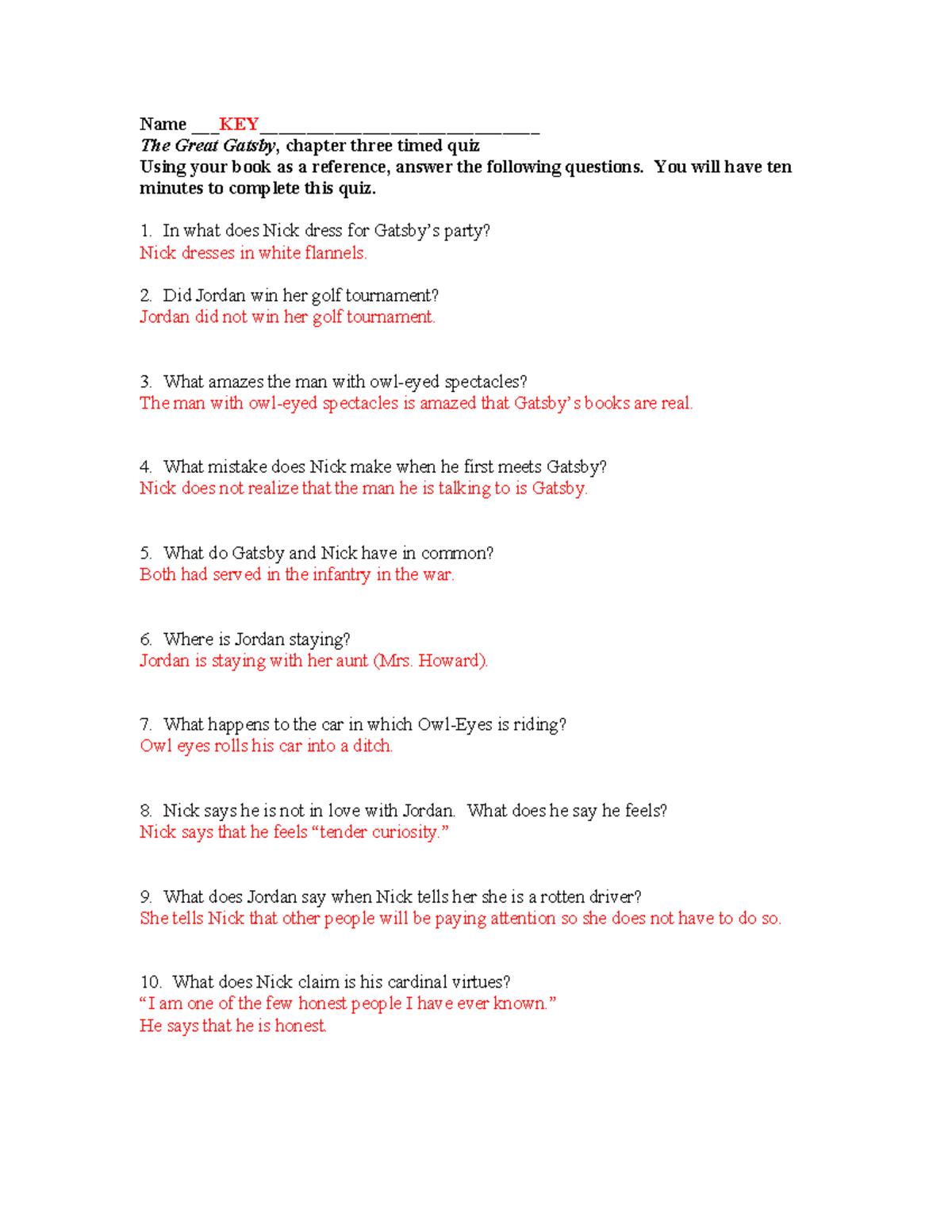 The Great Gatsby (ENG 101) Chapter 3 Timed Quiz Key - Studocu