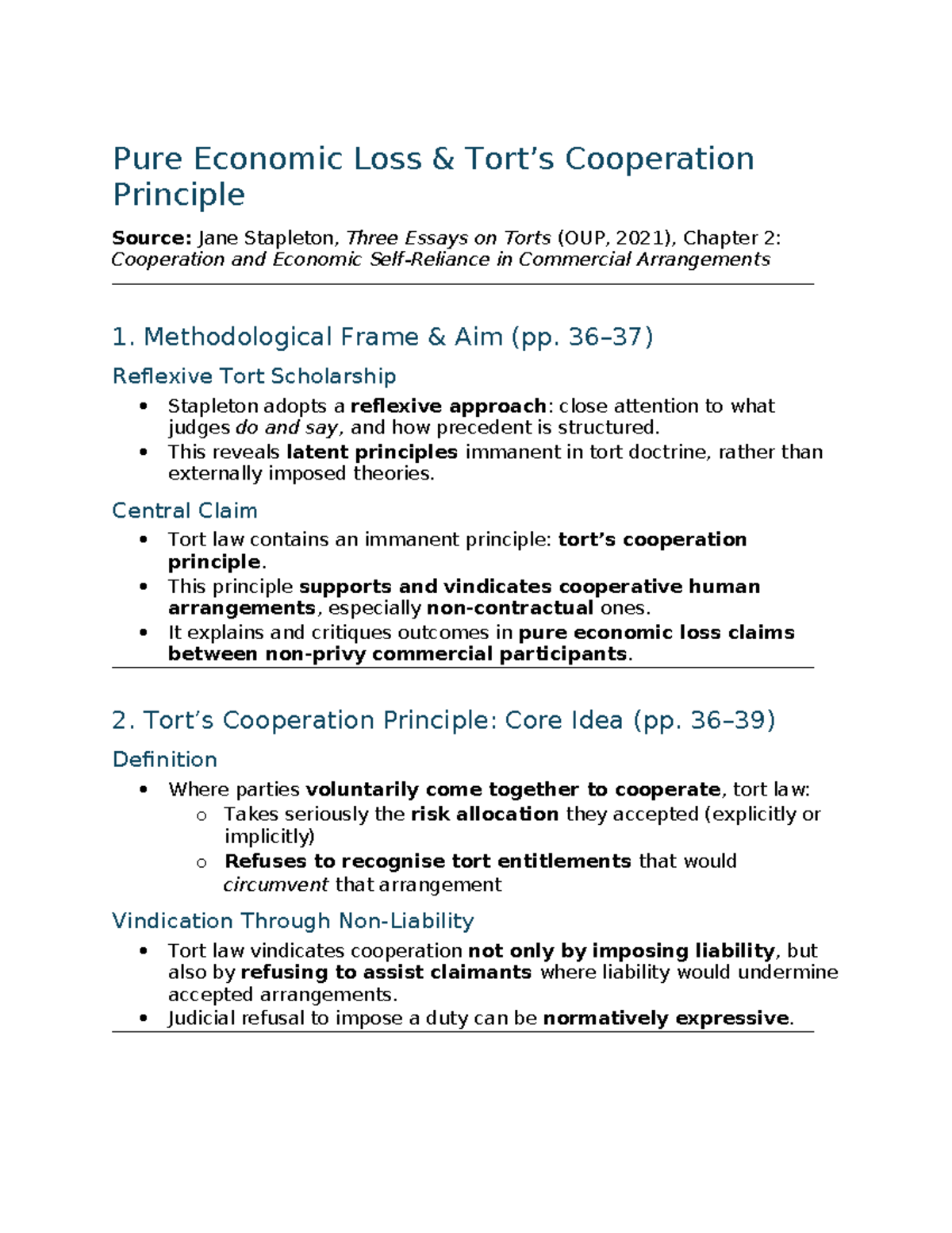 Pure Economic Loss & Tort's Cooperation Principle - Revision Notes ...