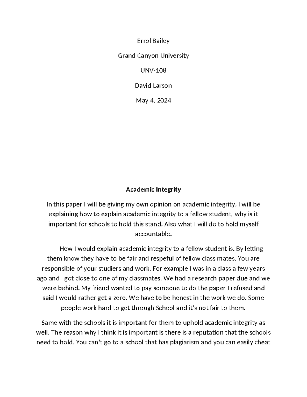 Academic Integrity: Importance and Personal Accountability - GCU Essay - Studocu