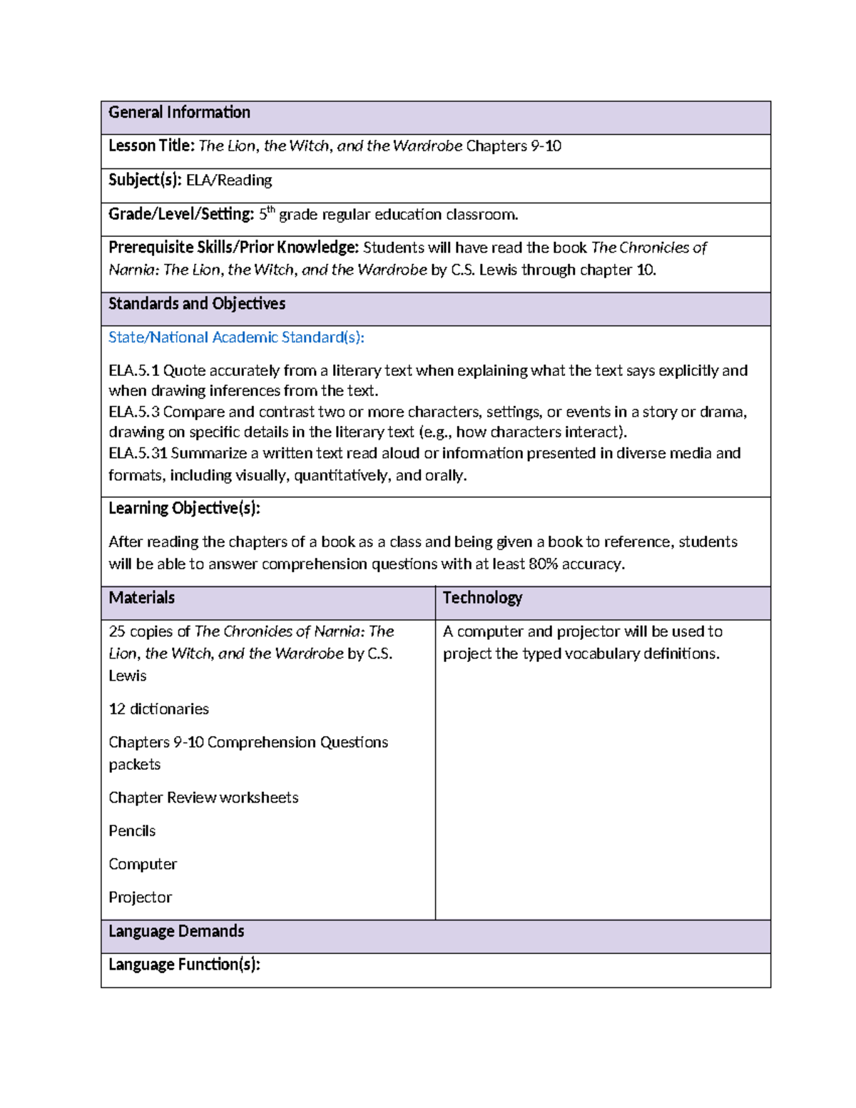 Lesson 4 - Comprehension Activities for Chapters 9-10 of Narnia - Studocu