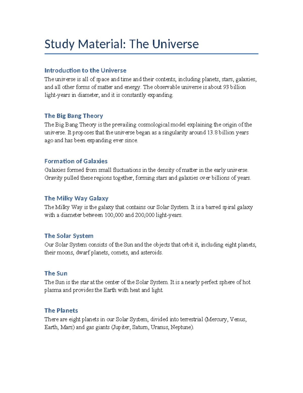 Study Material: Introduction to the Universe and Its Components - Studocu