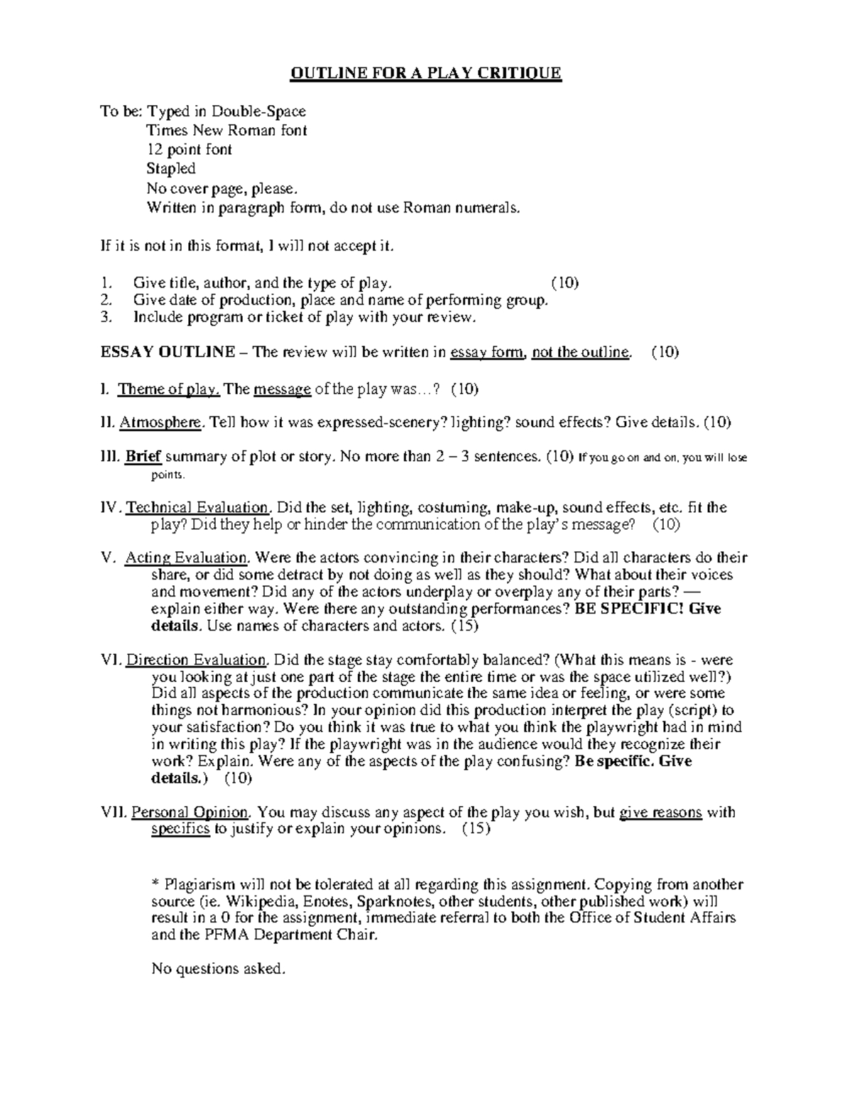 OUTLINE FOR A PLAY CRITIQUE: ESSAY FORMAT GUIDELINES - Studocu
