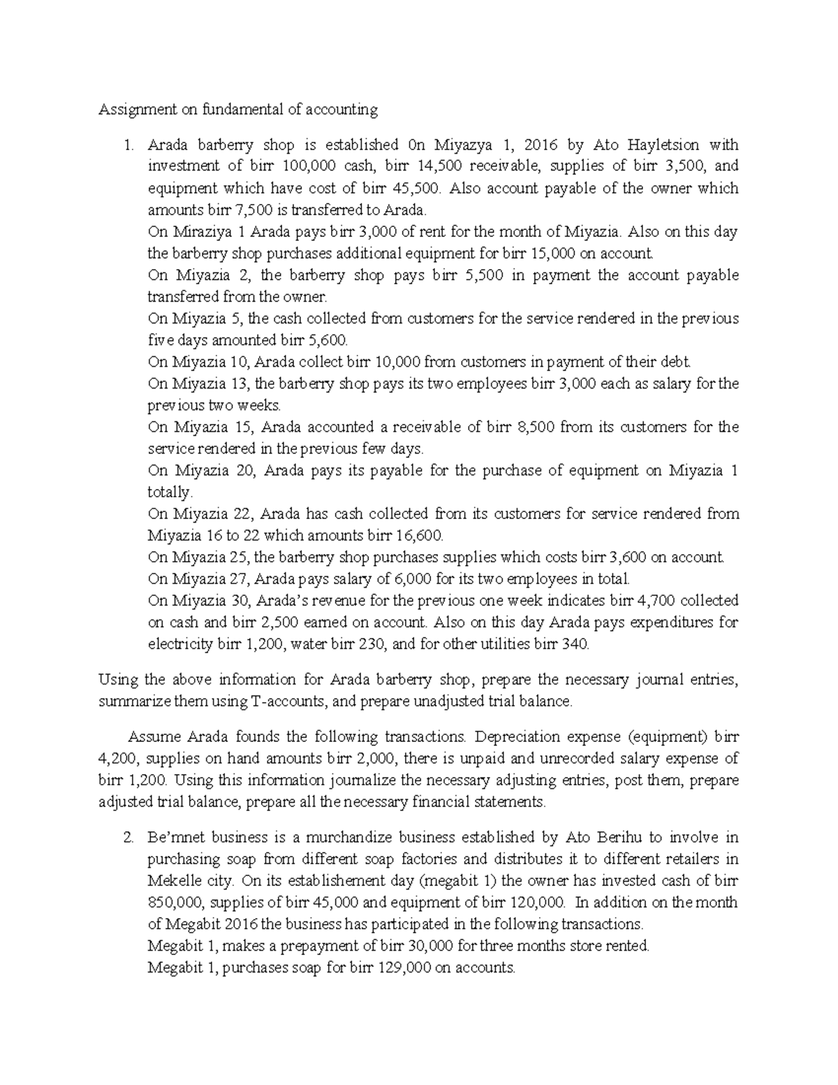 Assignment FA: Fundamentals of Accounting 1 - Journal Entries ...