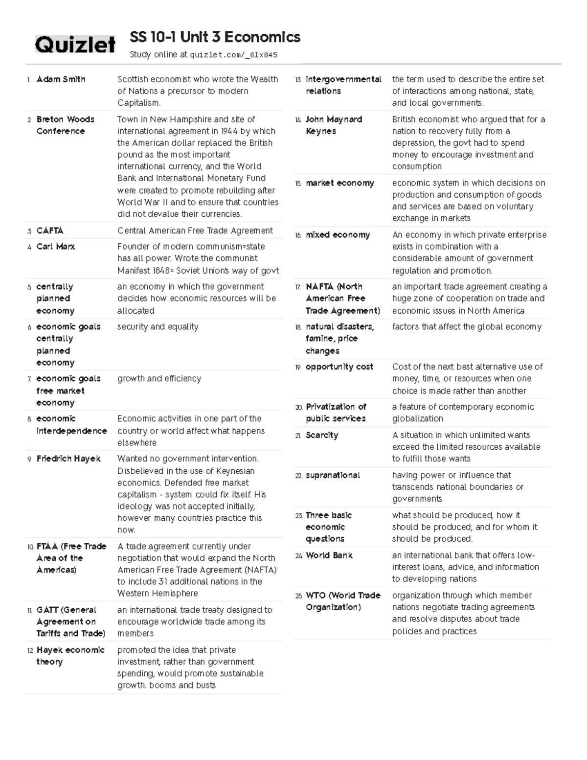 SS Unit 3 Economics Vocabulary for Social 10-1 Final Exam Prep - Studocu