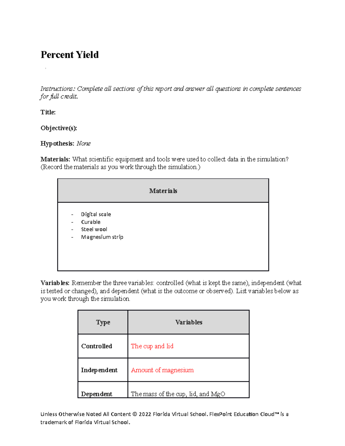 Percent Yield Report - FLVS Science Lab Assignment - Studocu