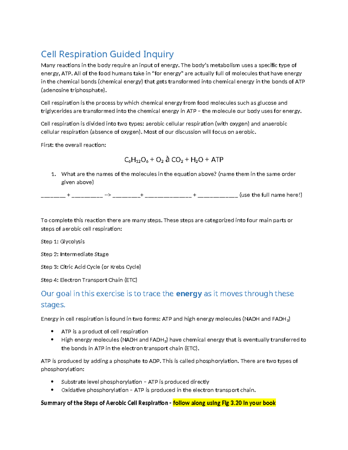 Aerobic Cellular Respiration (BIO101) Detailed Overview and Energy ...