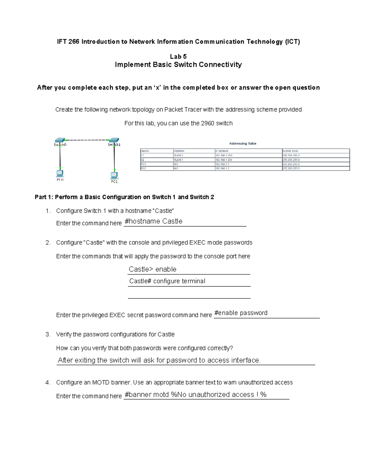 Lab 5 - Basic Switch Connectivity in IFT 266: Full Instructions - Studocu