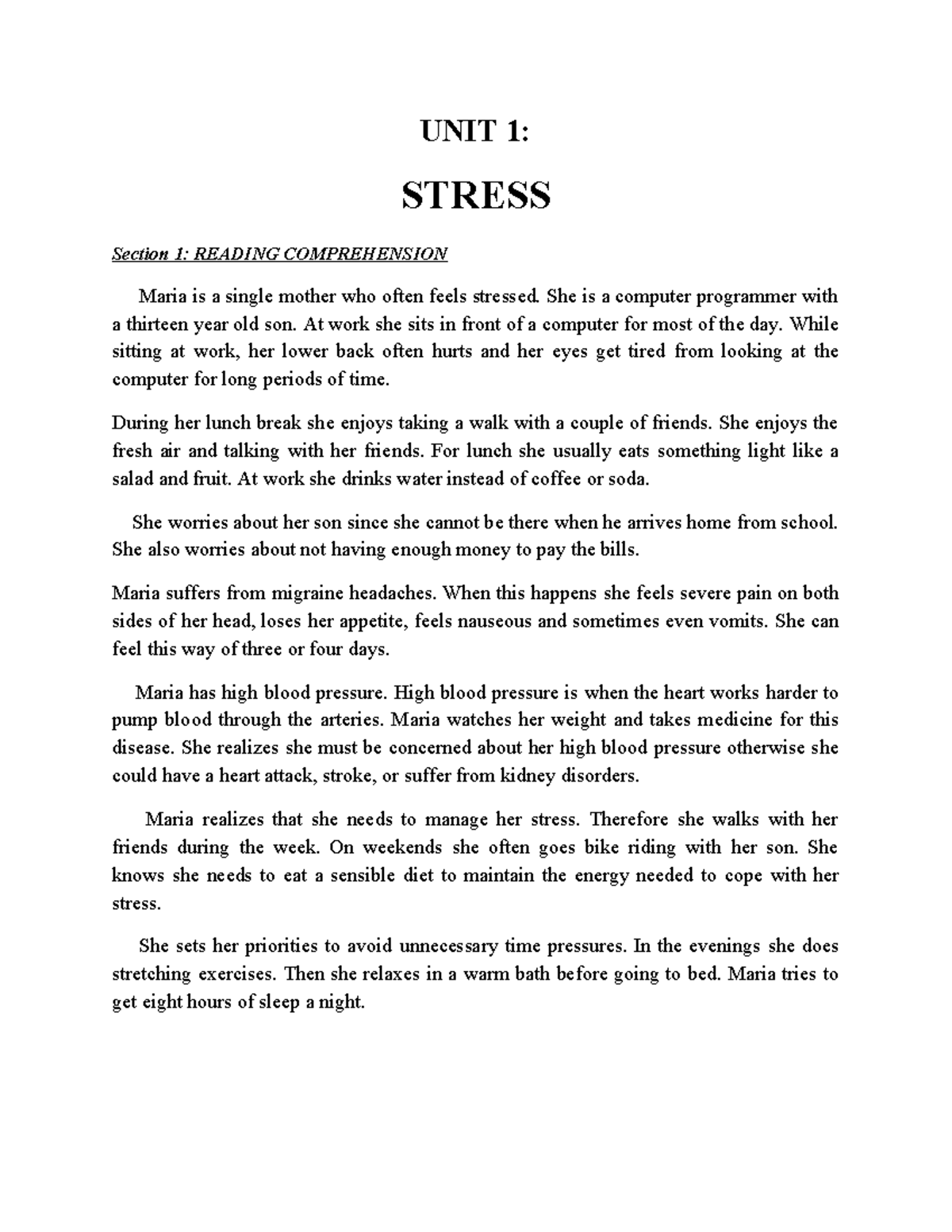 UNIT 1: STRESS - Reading Comprehension & Speaking Practice - Studocu