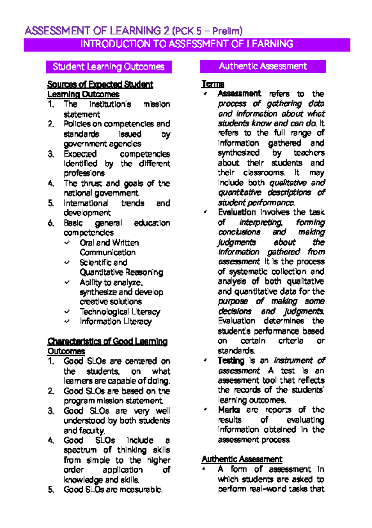 Assessment of Learning 2 (PCK 5 Prelim): Understanding SLOs & Authentic ...