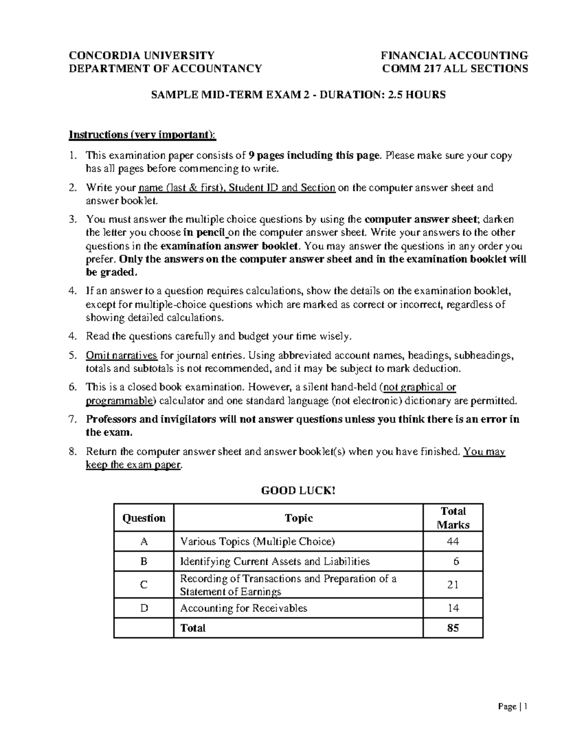 Sample Mid-term Exam 02 for Financial Accounting COMM 217 - Studocu