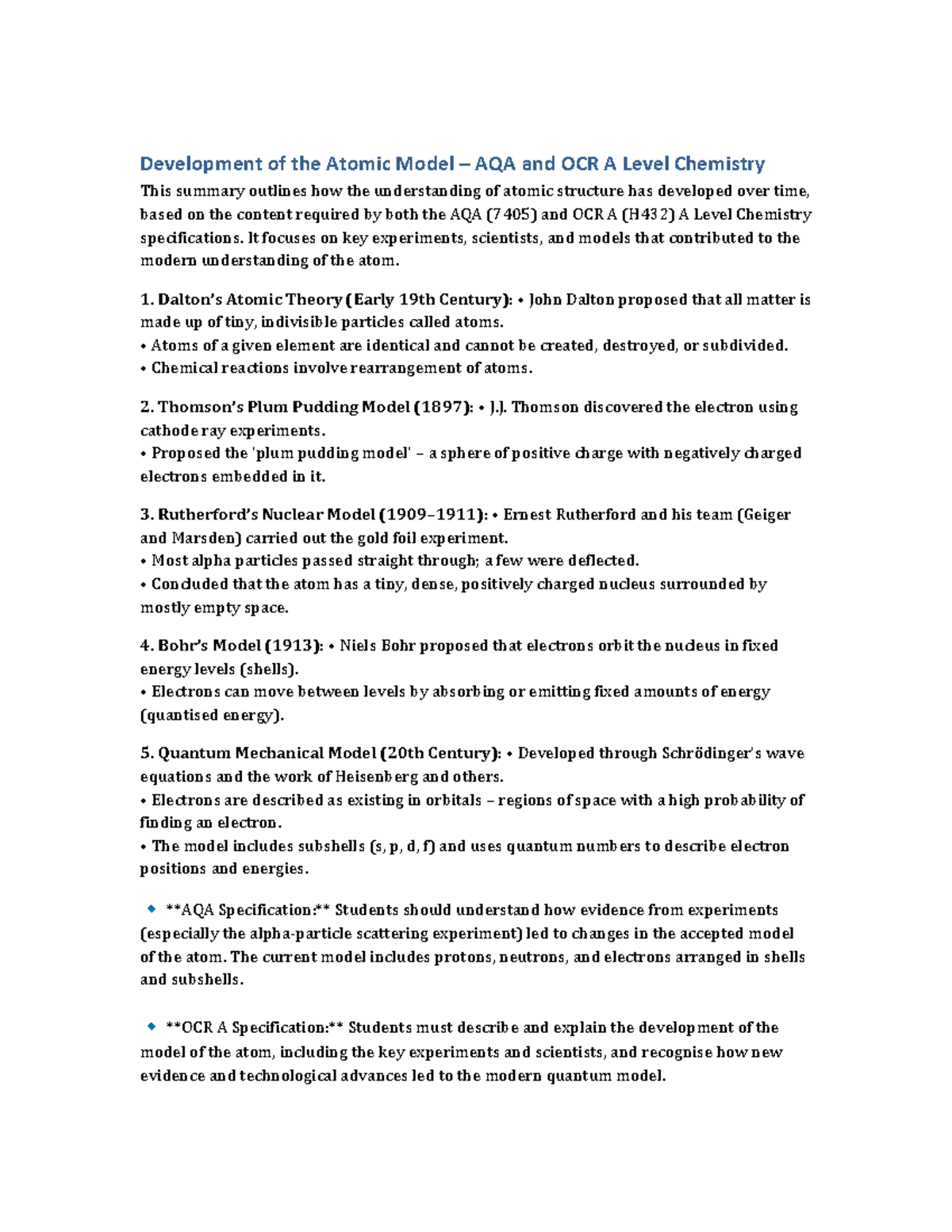 Development of the Atomic Model: AQA 7405 & OCR H432 Notes - Studocu
