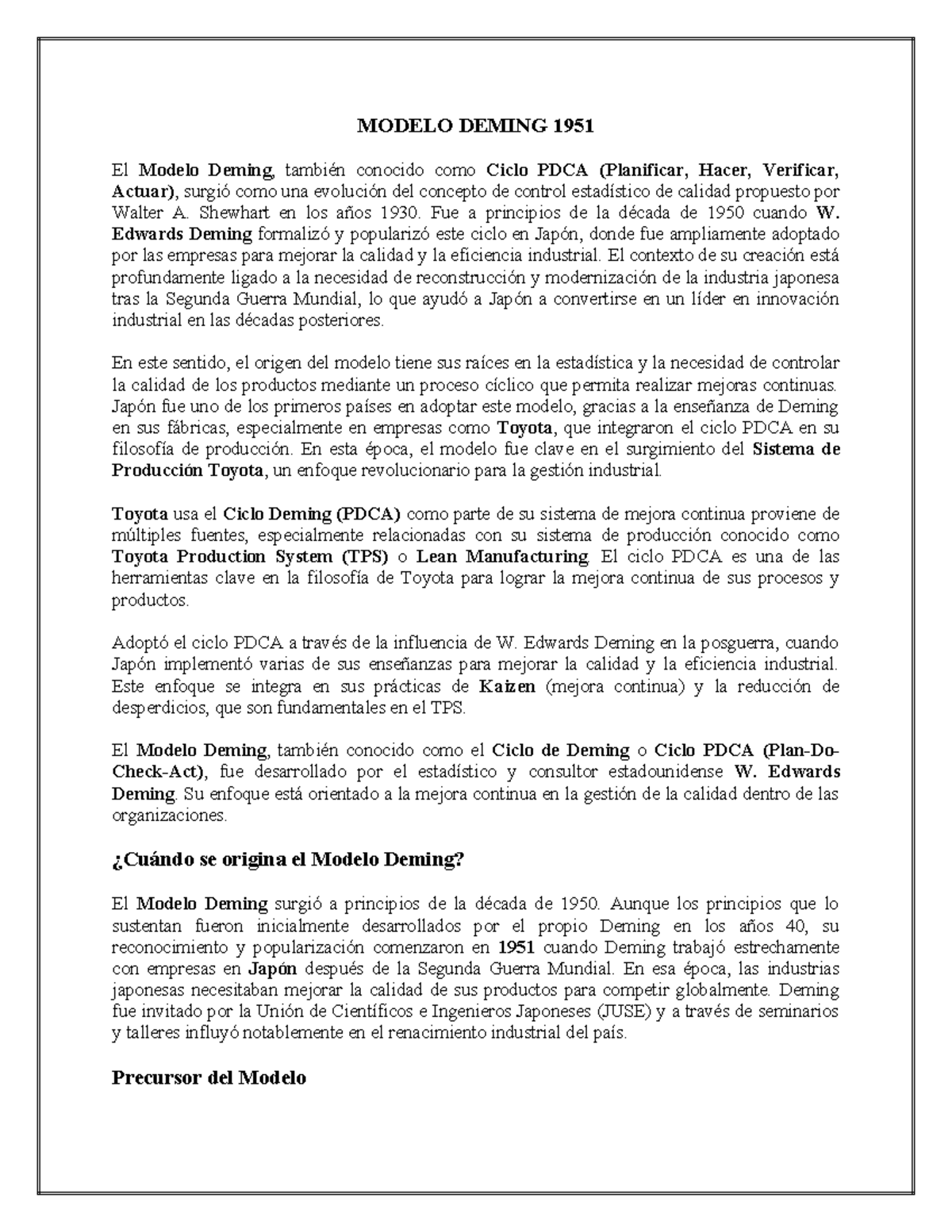 Modelo Deming 1951: Ciclo PDCA y su Impacto en la Industria Japonesa ...