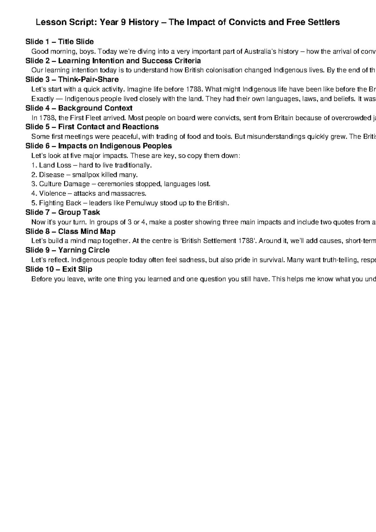 Year 9 History Lesson Script: The Impact of Convicts & Free Settlers ...