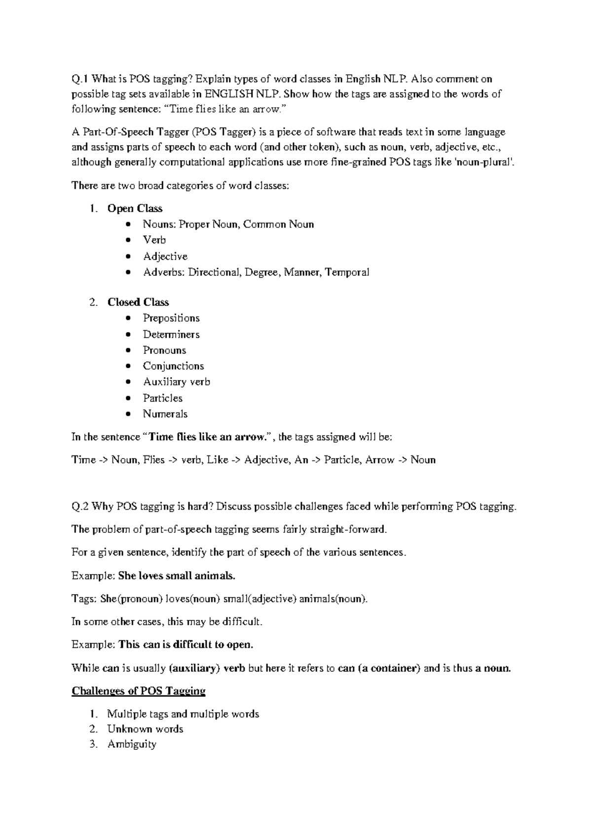 Module 3(NLP) - Lecture notes 1-2 - Q What is POS tagging? Explain ...