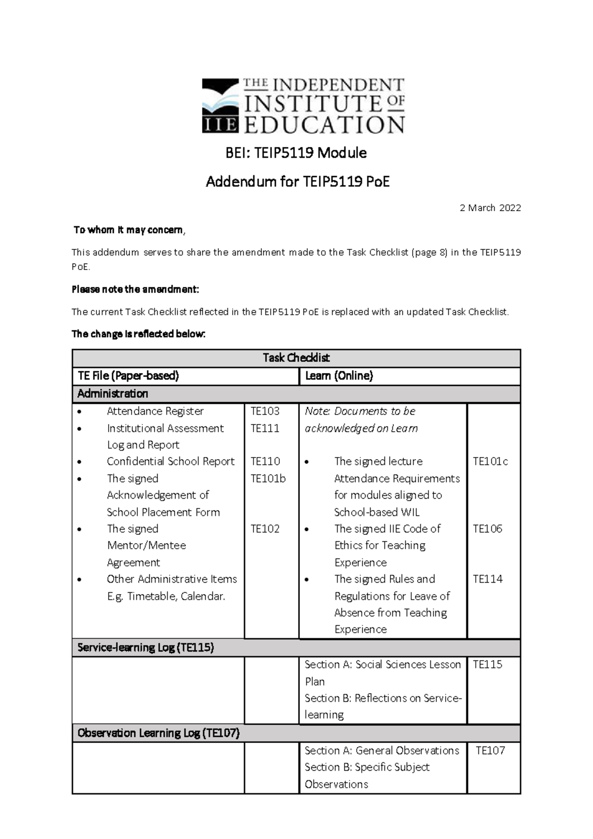 TEIP5119 Addendum: Updated Task Checklist for PoE Requirements - Studocu