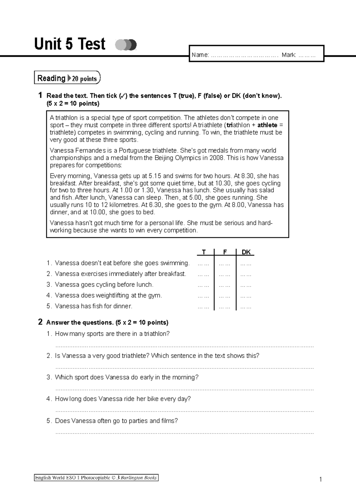 308799683 UNIT 5 TEST - review lesson - Reading 20 points 1 Read the ...