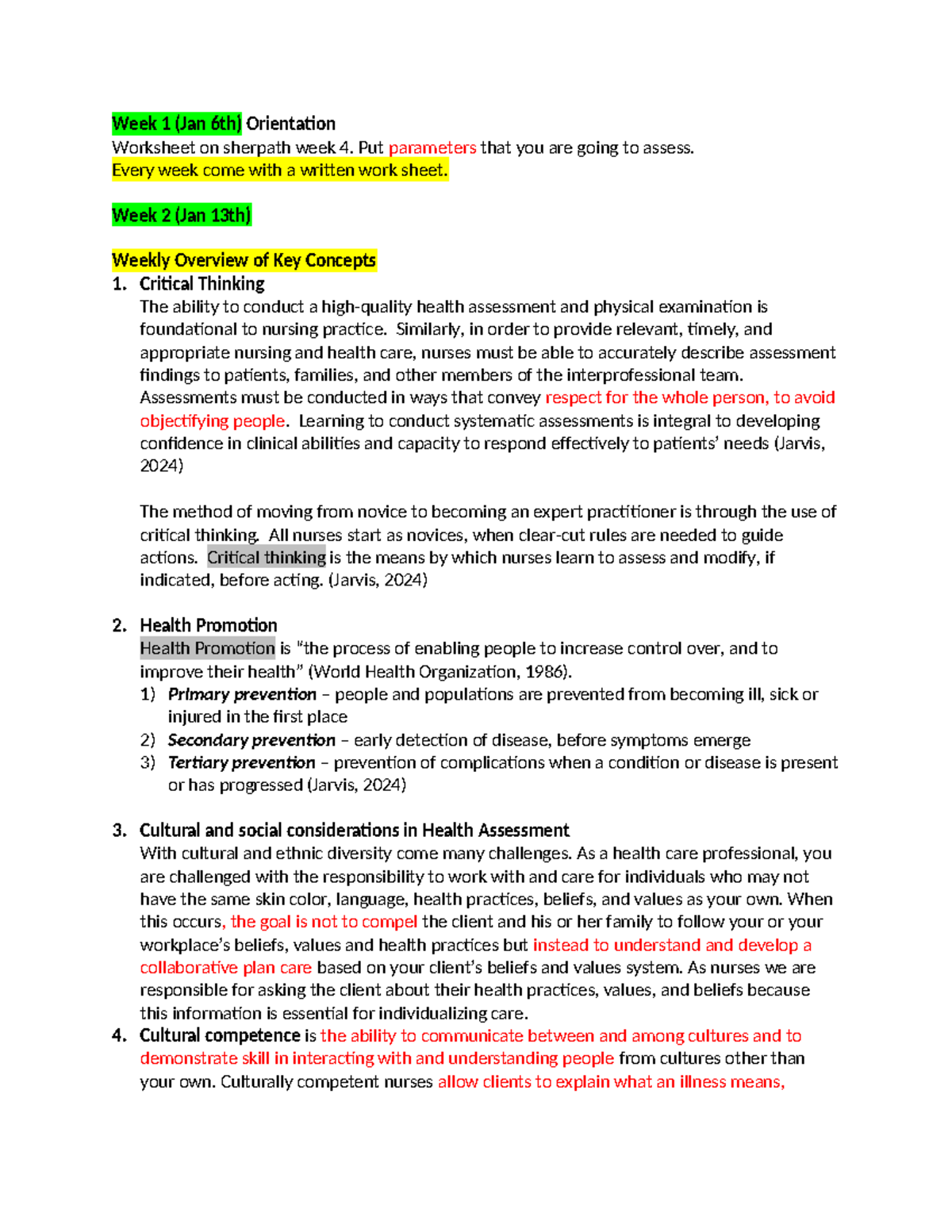 Health Assessment Notes: Week 1 Orientation & Key Concepts - Studocu